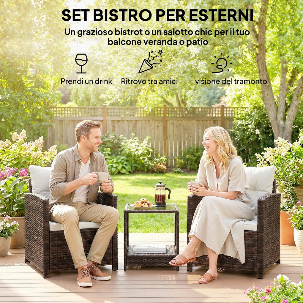 Outsunny 3dílný PE ratanový zahradní set — 2 křesla s polstrováním a konferenční stolek se skleněnou deskou, hnědá/krémová — balkon/terasa