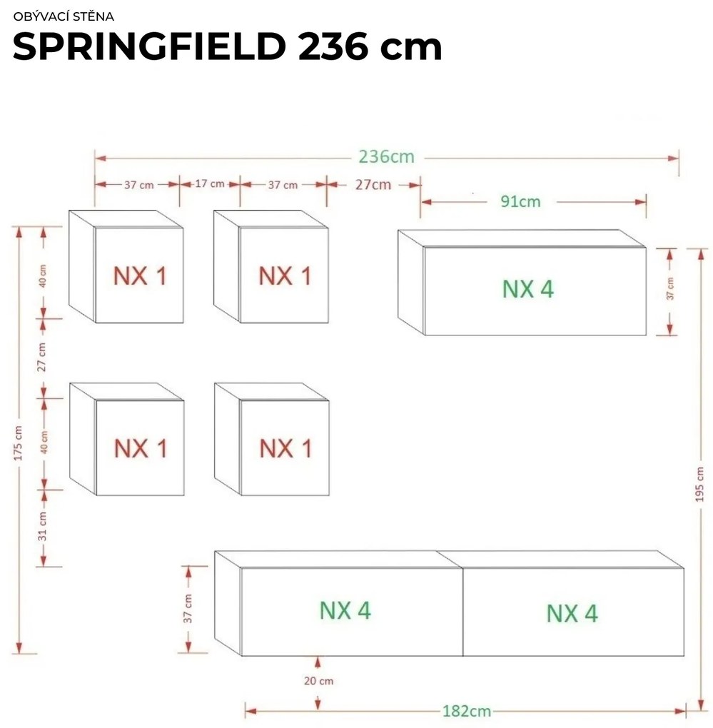 Ral Obývací stěna SPRINGFIELD 8, 236 cm - Černo/bílý lesk