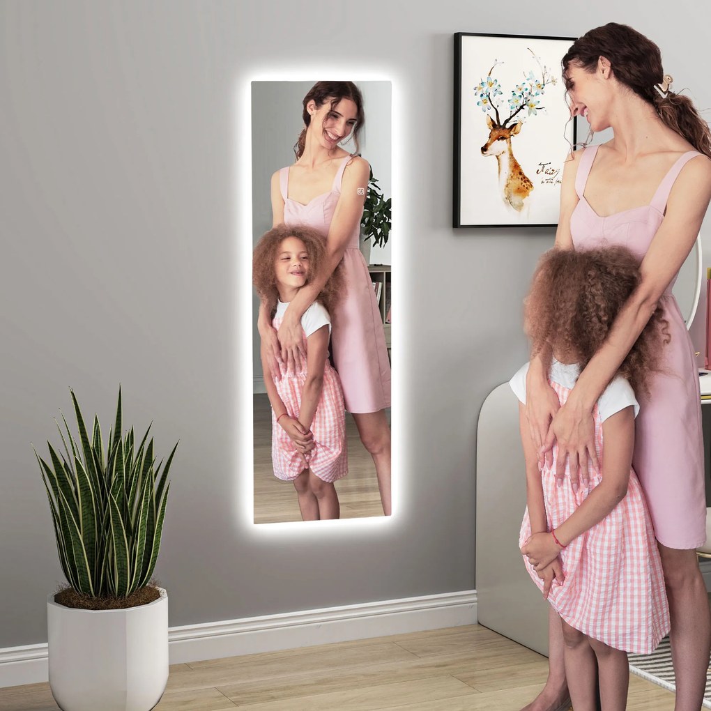 HOMCOM celoplošné zrcadlo 40 x 120 cm stojící zrcadlo s LED světlem, nástěnné zrcadlo s dotykovým ovládáním, bezrámové podlahové zrcadlo, do ložnice,…