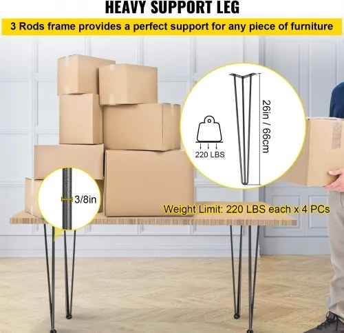 Vlásenkové stolní nohy 66 cm, sada 4 DIY stolních stolových nohou 3 tyče Zesílené