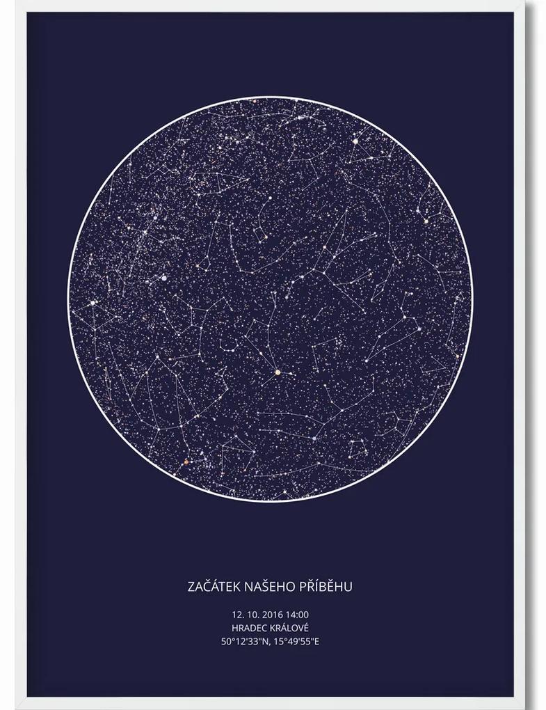 Hvězdná mapa Vašeho životního okamžiku Rozměr plakátu: 30 x 40 cm, Barva pozadí: Vesmírná, Volba rámu: Bílý dřevěný rám
