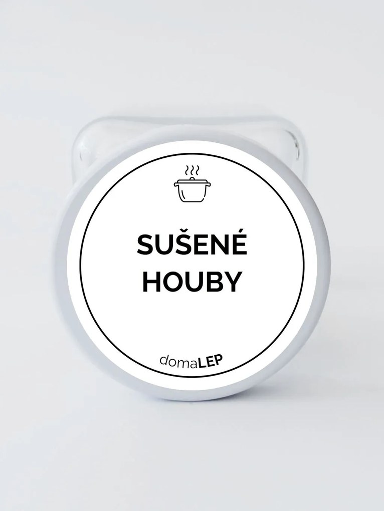 Samolepka na kořenky SUŠENÉ HOUBY bílá 5 cm tučné písmo