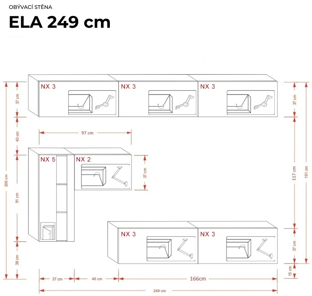 Ral Obývací stěna ELA 2, 249 cm - Černý lesk