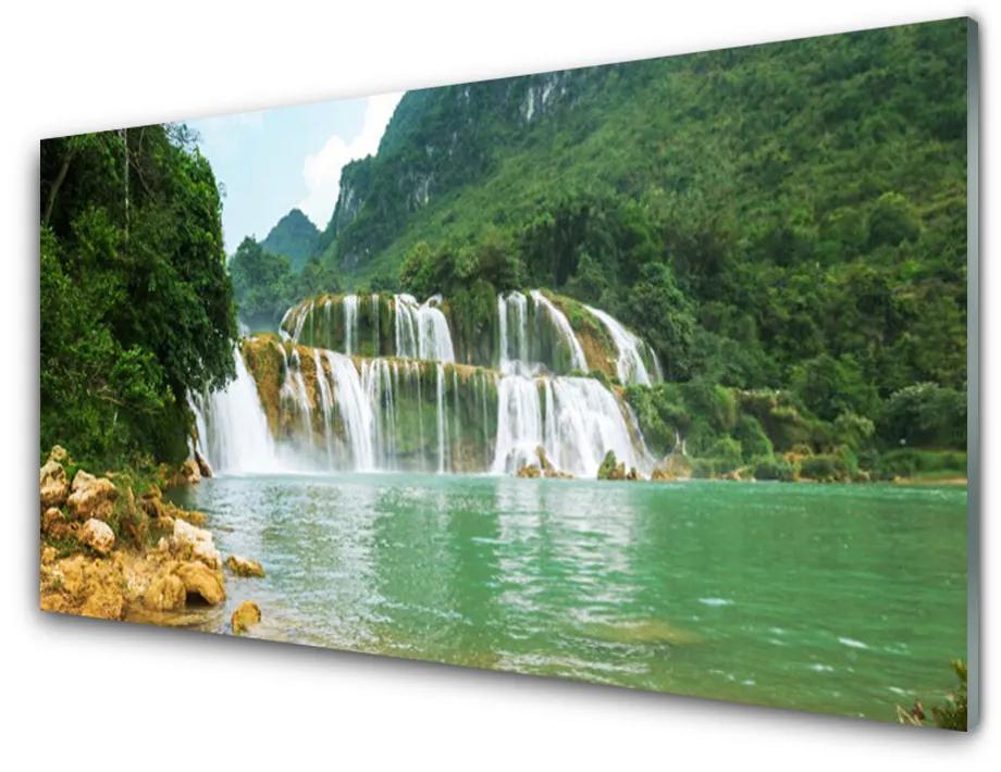 Obraz na skle Les Vodopád Krajina 140x70 cm