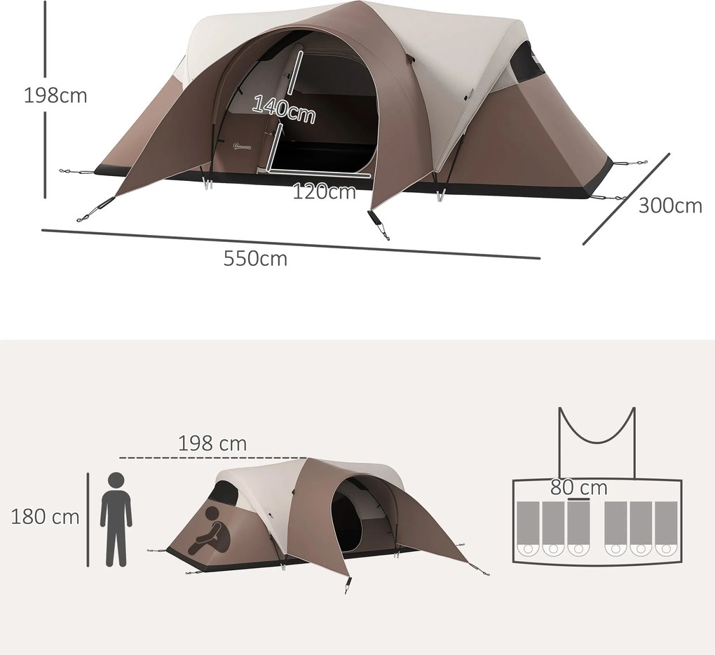 Rodinný stan Outsunny pro kempování pro 5-6 osob, voděodolný, lehký, větraný, s přenosnou taškou, rozměr 550D x 300Š x 198V cm | Aosom