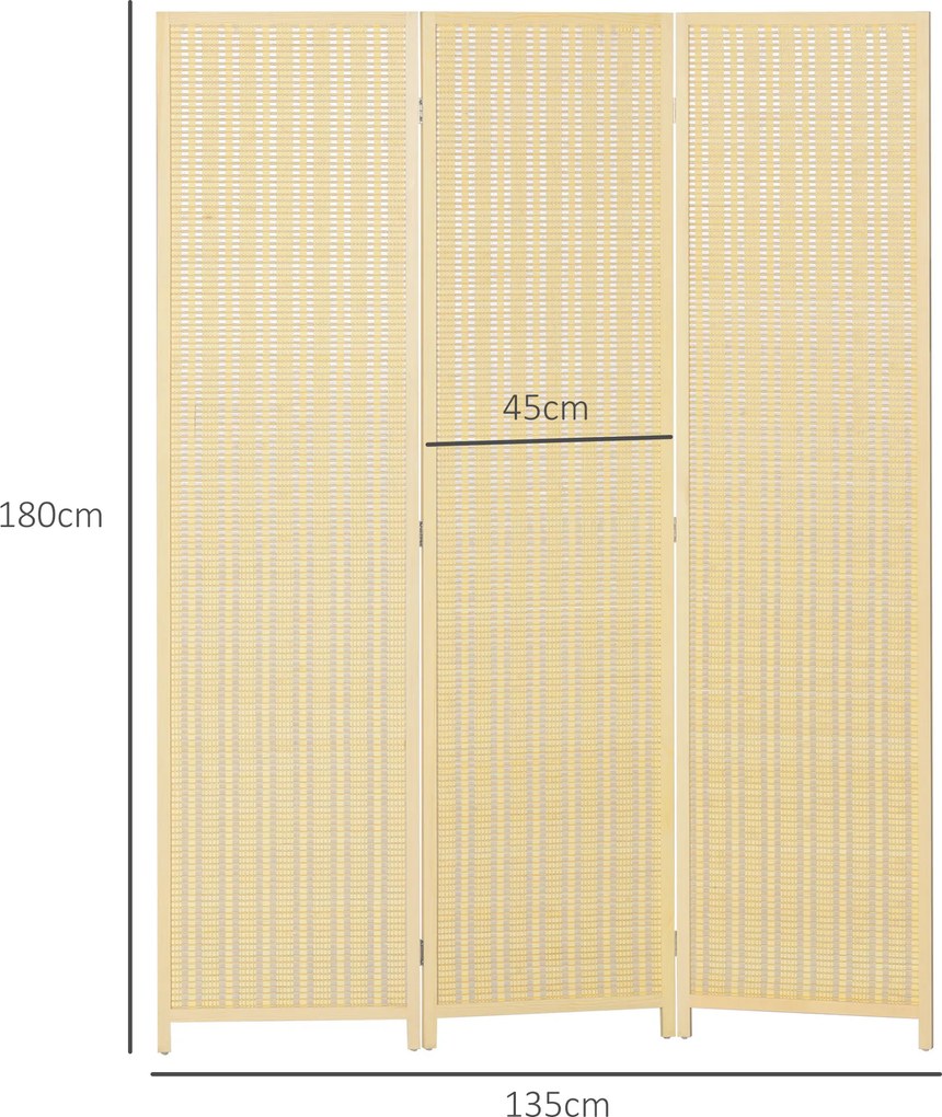 HOMCOM Interiérový dřevěný paravan 3 panely 135 x 180 cm Skladný rozdělovací separator pro obývací pokoj a ložnici, přírodní dřevo