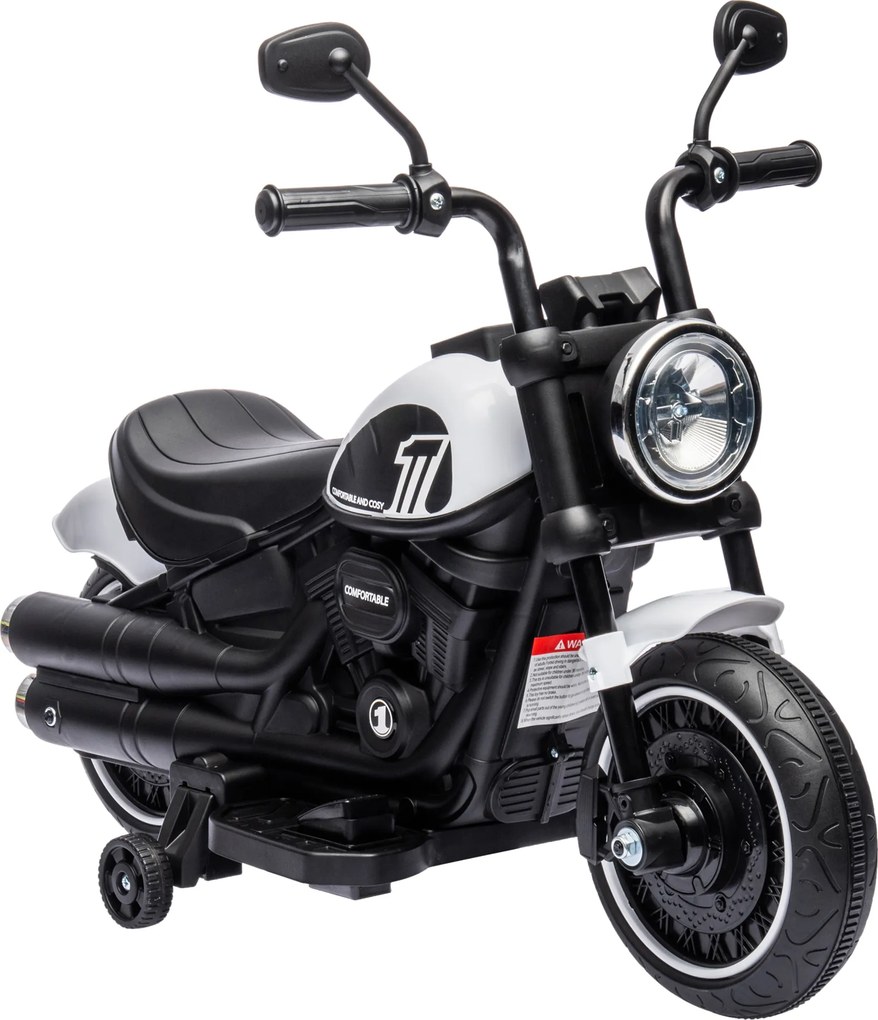 Dětská motorka HOMCOM - Elektrická motorka pro děti s 2 odnímatelnými tréninkovými koly, 3 km/h, pro děti od 1,5 do 3 let, Bílá, 76 x 42 x 57 cm