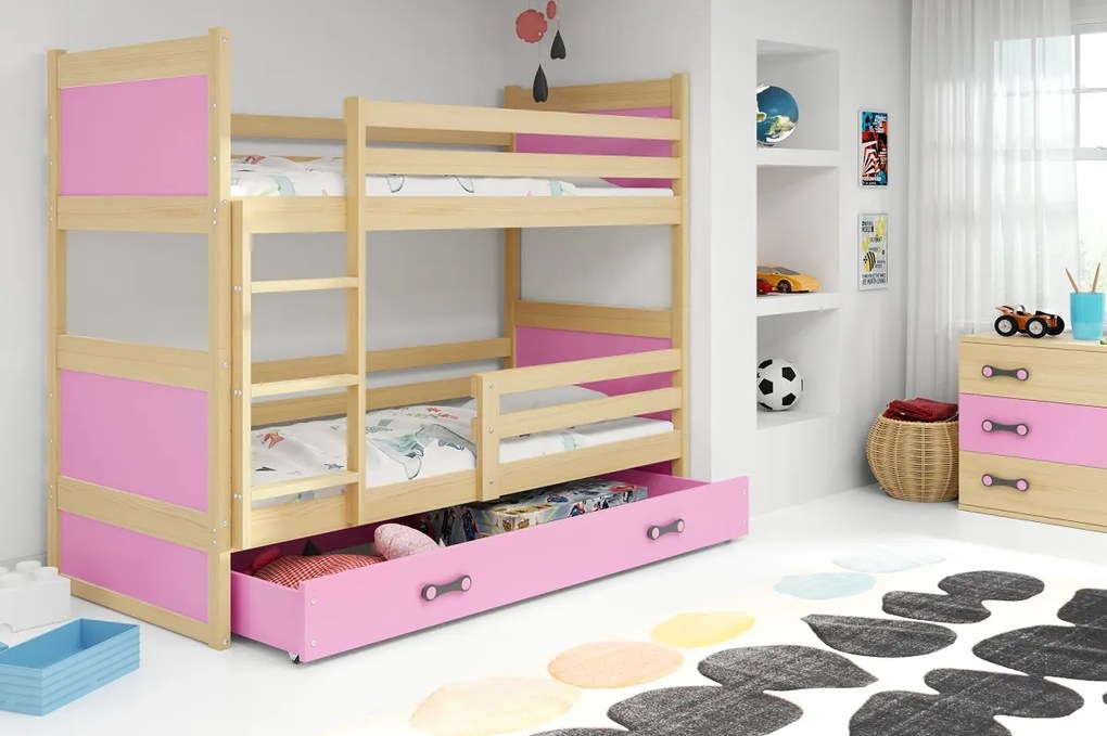 ImportWorld Dětská patrová postel Bohumír - 2 osoby, 80x190 s úložným prostorem – Borovice, Růžová