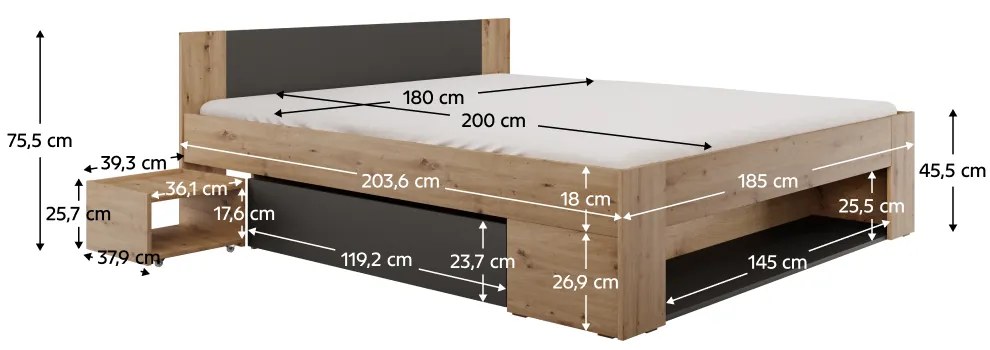 Kondela Postel s úložným prostorem, 180x200, dub artisan/antracit, UNIS