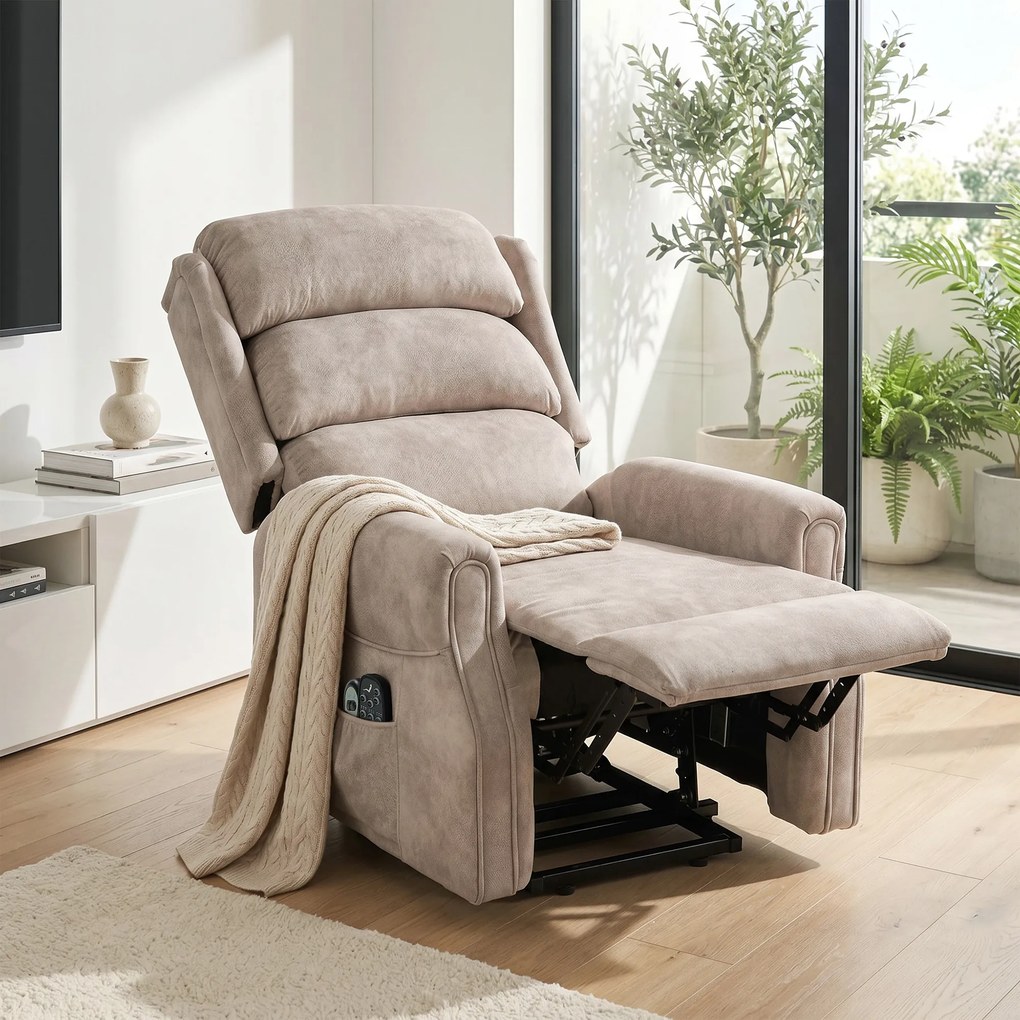 HOMCOM Elektrické křeslo s vybavením na vstávání s vibrační masáží a teplem, elektrické relaxační křeslo z sametu, 80x160x82 cm, béžová