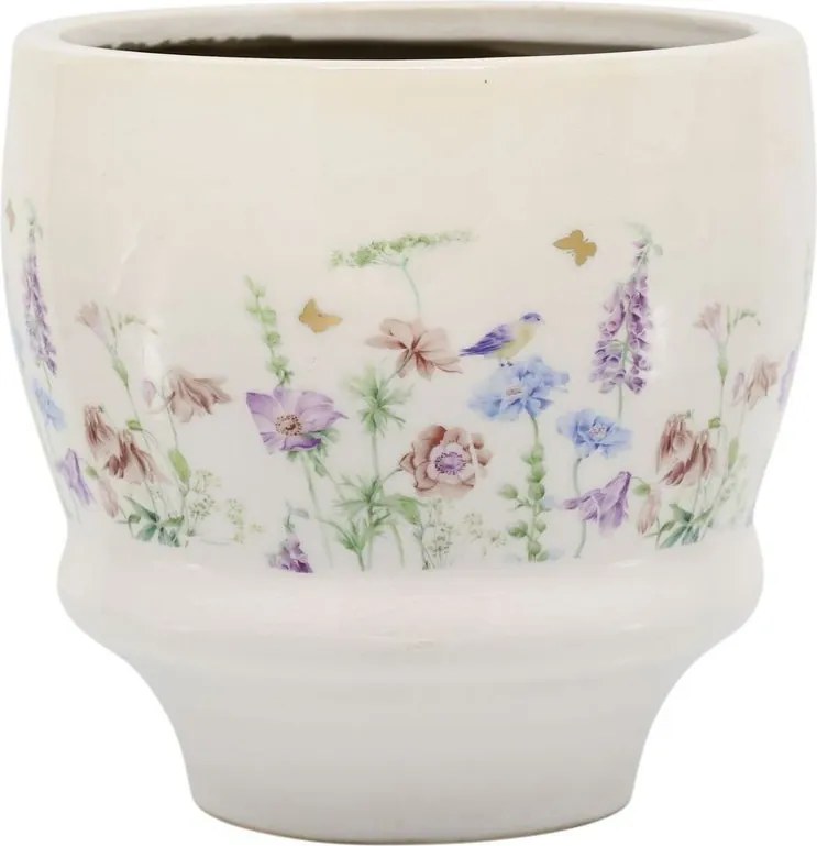 Krémový antik keramický kvetináč s květy Papillon Blossom - Ø 15*14 cm