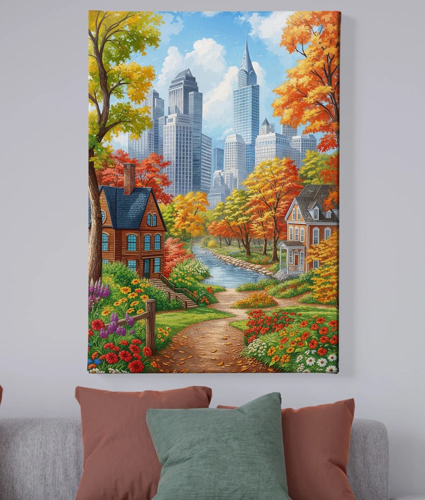 Obraz na plátně - Mrakodrapy a jezírko v parku FeelHappy.cz Velikost obrazu: 60 x 90 cm