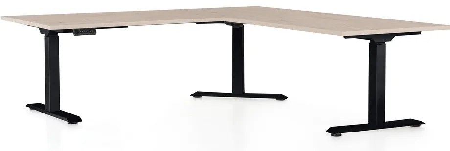Výškově nastavitelný stůl OfficeTech Angle, 180 x 200 cm, černá podnož, dub