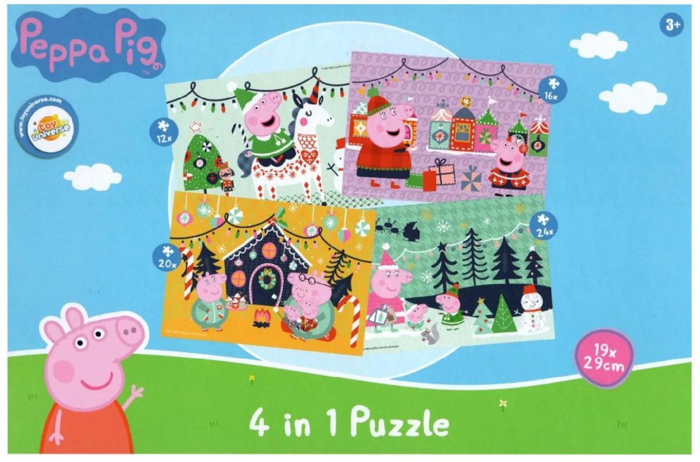Dětské puzzle 4v1 PRASÁTKO PEPPA a vánoční nálada, 19x29 cm