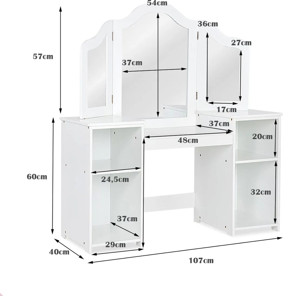 Costway 2 v 1 Dětský toaletní stolek se zrcadlem – 107 × 40 × 117 cm, bílý