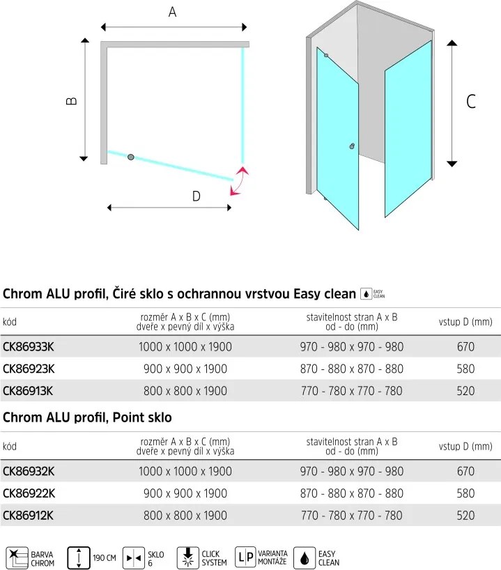 Mereo Mereo, Sprchový kout, Lima, čtverec, pivotové dveře a pevný díl, chrom ALU, sklo Čiré, CK86913K