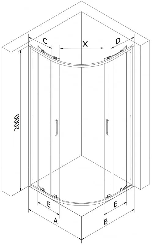 Mexen Exo, asymetrický sprchový kout s posuvnými dveřmi 90 x 90 cm, 6mm čiré sklo, černý profil, 8132-090-090-70-00