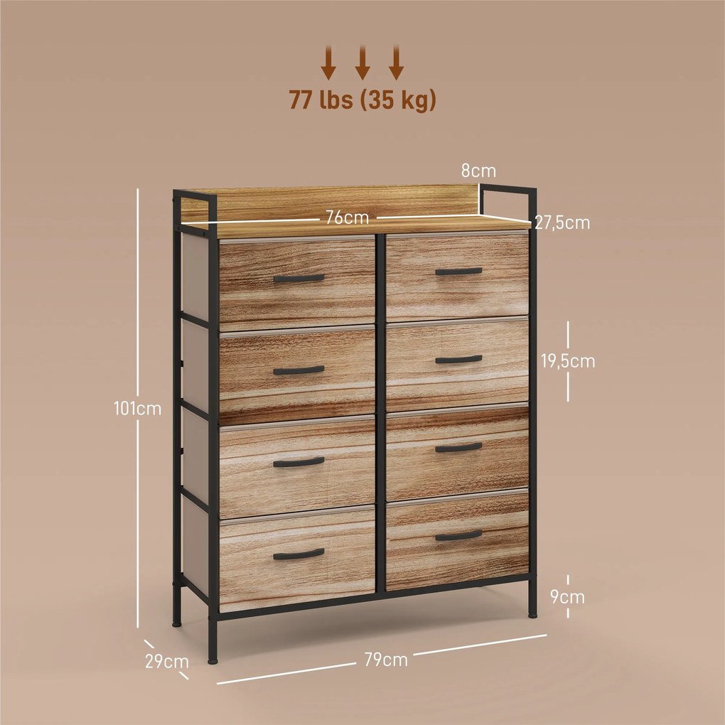 HOMCOM Skříň s úložným prostorem, komoda s 8 odejmoutelnými textilními zásuvkami, horní policí a ocelovým rámem 79L x 29W x 101H cm Přírodní a Černá