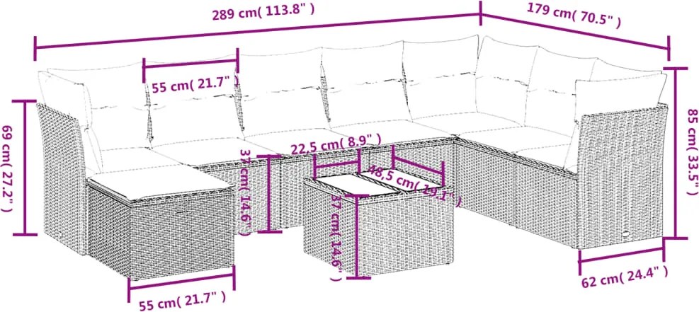 9dílná zahradní sedací souprava a podušky mix béžové polyratan 3263285