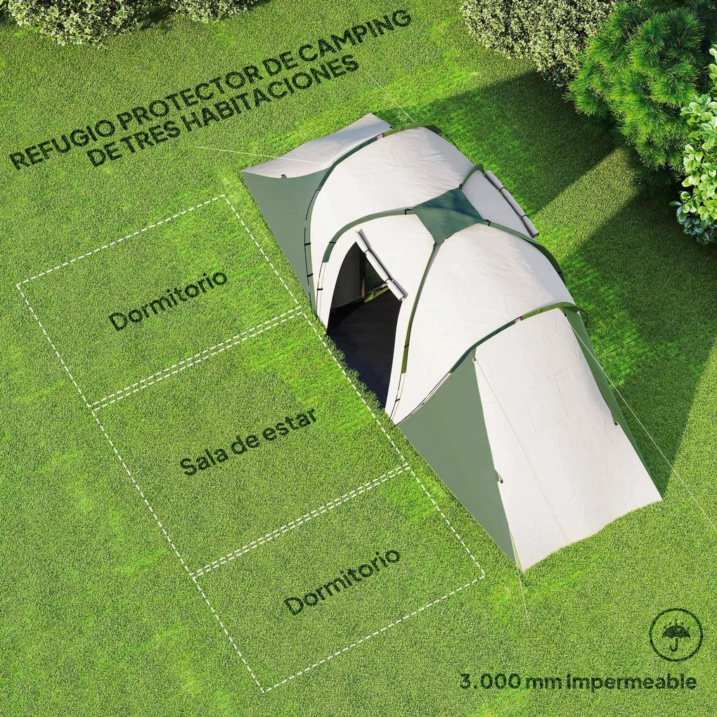 Rodinný tunelový stan Outsunny pro 4-6 osob 555x225x190 cm, voděodolný 3000 mm a skládací s 2 ložnicemi a batoh na výlet