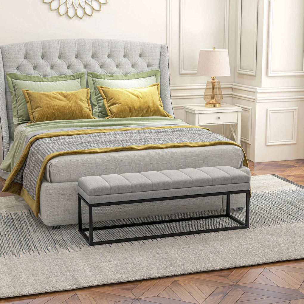 HOMCOM Lněná lavice Čalouněná lavice do ložnice Postelová lavice Kosmetická lavice do 200 kg Ocel světle šedá 120x44x45,5 cm
