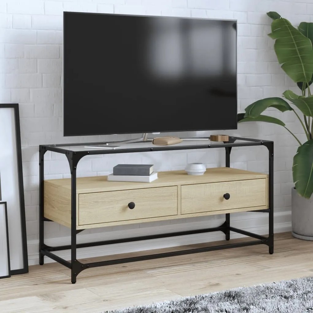TV skříňka se skleněnou deskou dub sonoma 98x35x51 cm kompozit
