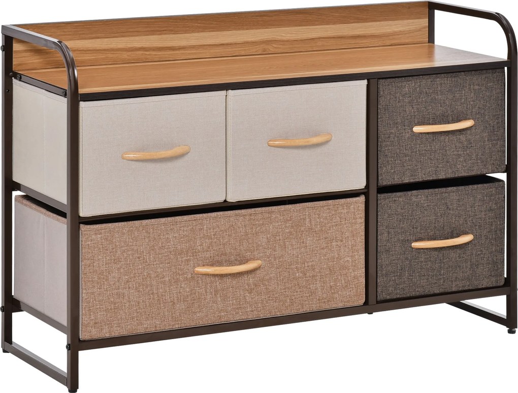 HOMCOM Textilní Komoda do Ložnice s 5 Skládacími Šuplíky, Dřevěným Vrchem a Kovovým Rámečkem do Obývacího Pokoje 87,5x29x58 cm Multicolor | Aosom