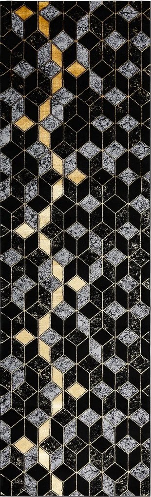 Dywany Łuszczów, Běhoun Gloss 400B 86 3D geometric black/gold, 70x300, černá, obývací pokoj