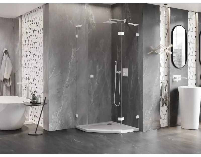 Mexen Lunar, L pravý výklopný pětiúhelníkový sprchový kout 80 x 80 cm, 8mm čiré sklo, bílý profil, 831L-080P-080L-20-00-P