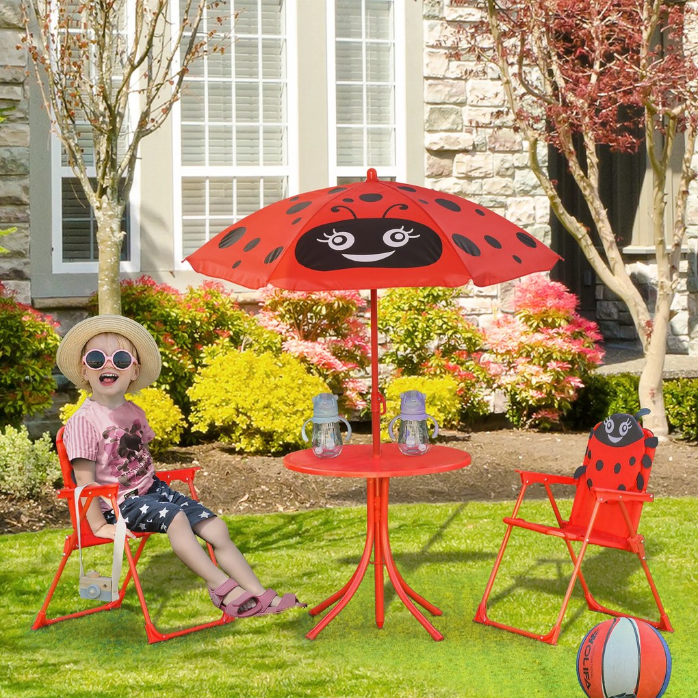 Outsunny Dětská zahradní sada stolu a židlí s piknikovou skládací sadou pro děti se slunečníkem s nastavitelnou výškou 100-125 cm, design berušky