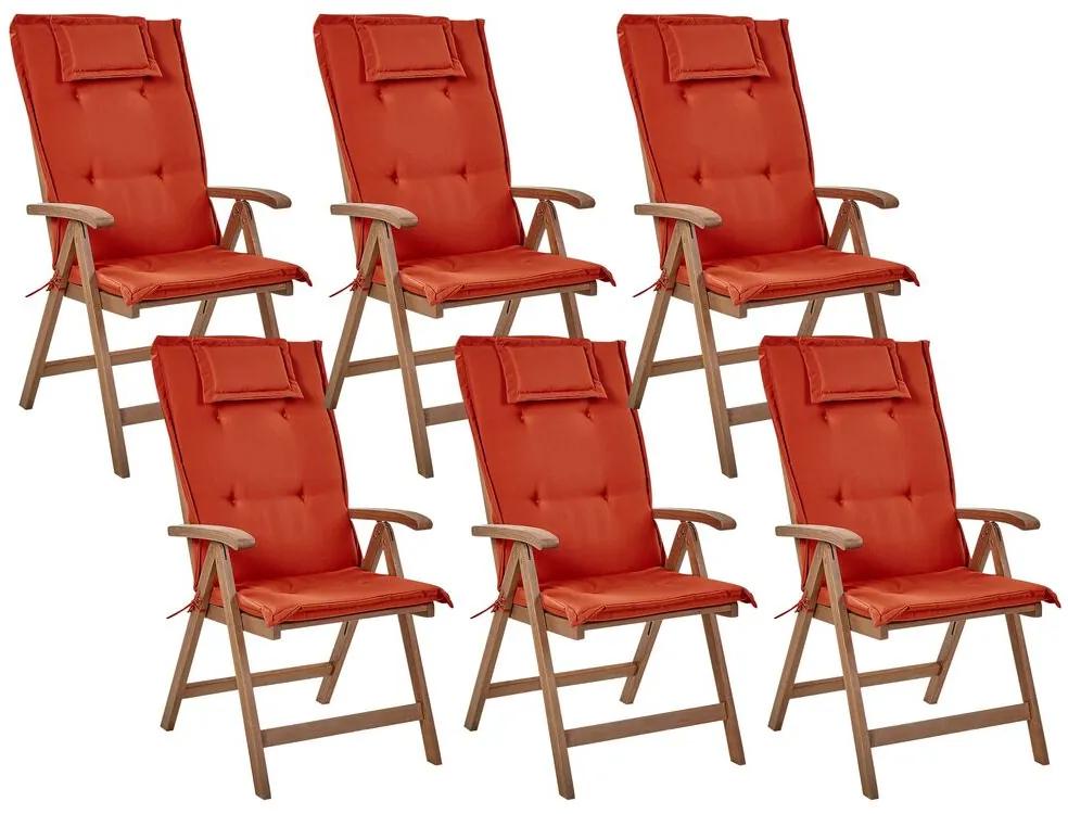 Sada 6 zahradních skládacích židlí z tmavého akáciového dřeva s červenými polštáři AMANTEA Beliani