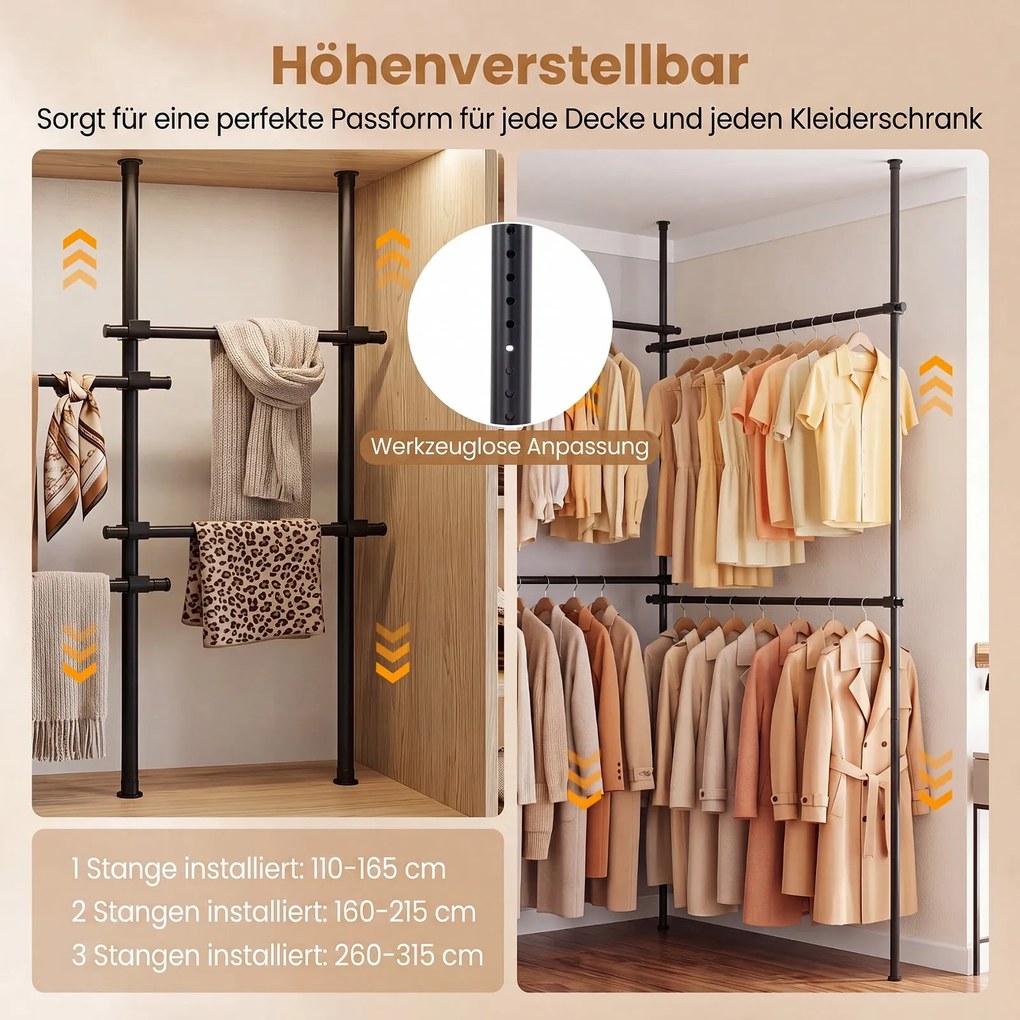 Costway Teleskopický tyčový stojan na oděvy Výškově a šířkově –