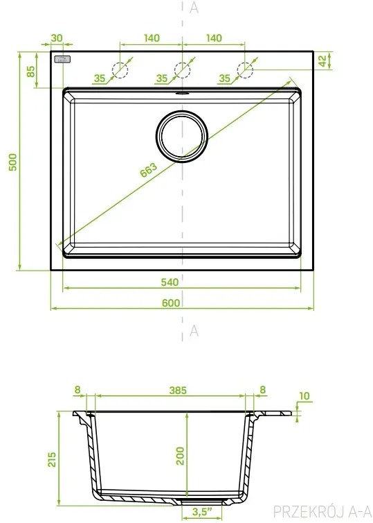 Laveo Tau, 1-komorový granitový dřez 600x500x215 mm, černá, LAV-SBT_7106