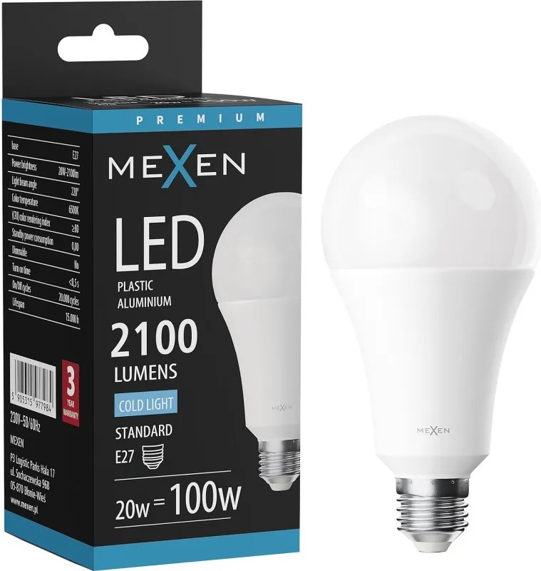Mexen Nova, LED žárovka E27, A70, 20W, studená - 6500K, 2100 lm - L100-E27-2065-01