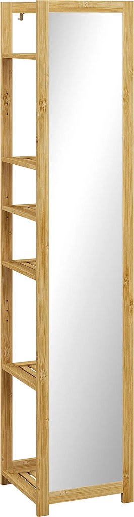 HOMCOM Koupelnová sloupová skříň s zrcadlem a 6 policemi v přírodním bambusu, 35D x 35Š x 168V cm | Aosom