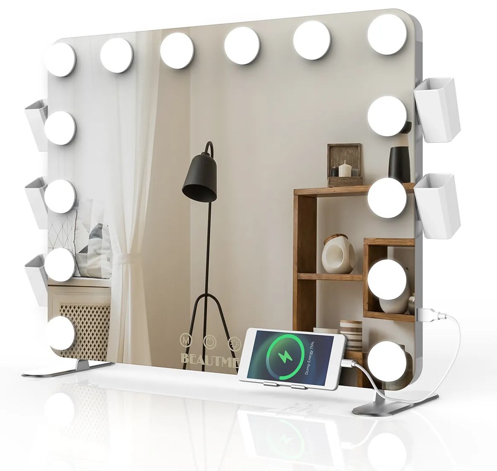 MMIRO, Make-up zrcadlo s LED osvětlením a kosmetickým zrcátkem L618A 66 x 48 cm | stříbrná L618A