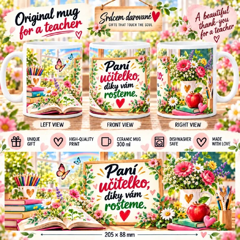 Srdcem darované Hrnek pro paní učitelku – Paní učitelko, díky vám rosteme. ❤️ – 300 ml
