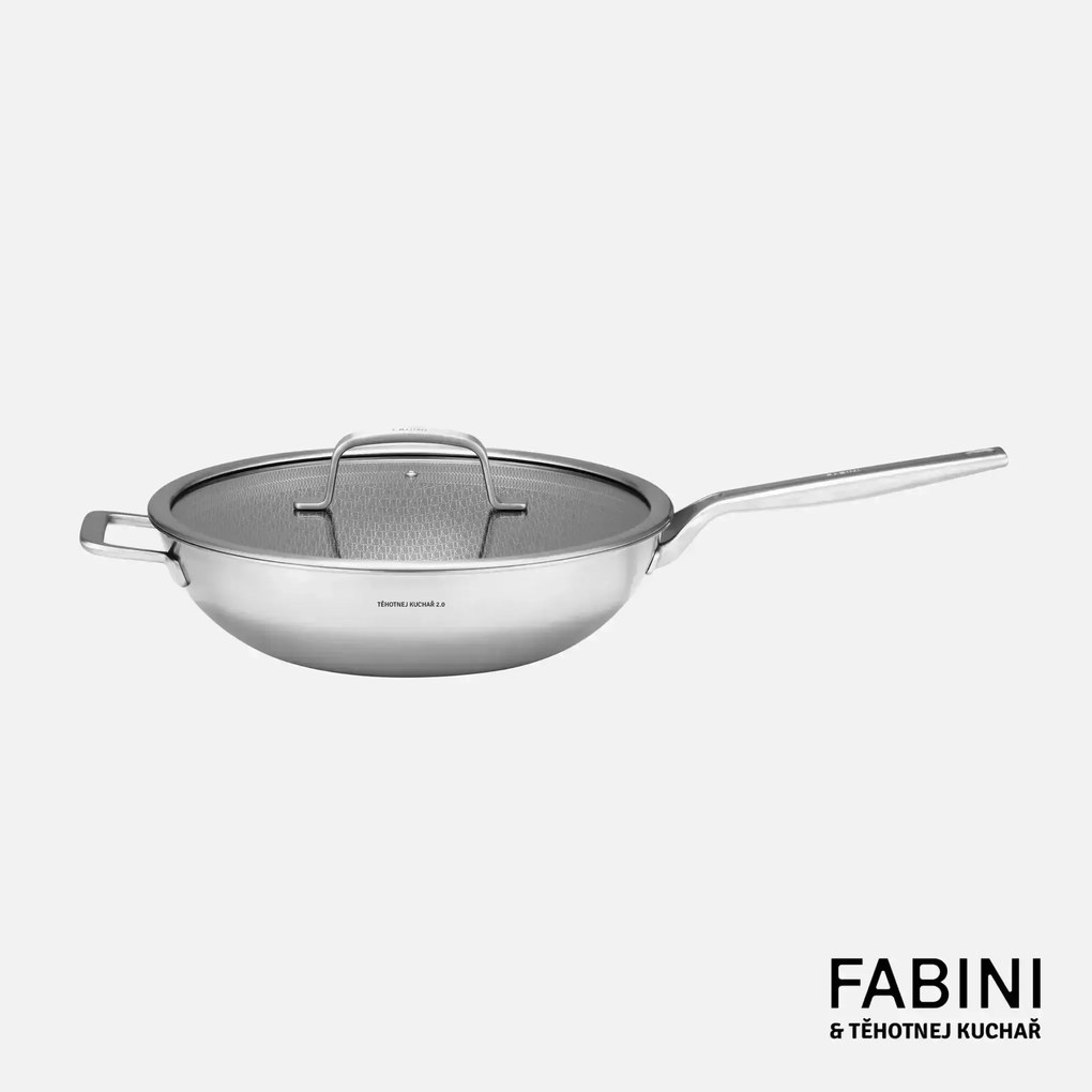 Fabini Wok pánev FABINI & Těhotnej kuchař 2.0, Ø 30 cm - Nerezová beznýtová pánev s hybridním keramickým povrchem z vícevrstvé nerezové oceli s poklicí