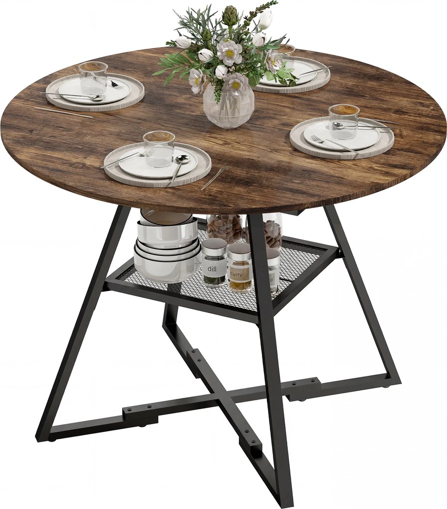 HOMCOM kulatý jídelní stůl pro 4, průměr 100 cm × výška 76 cm, industriální kuchyňský stůl s velkou deskou a odkládací polici, kovový rám, rustikální