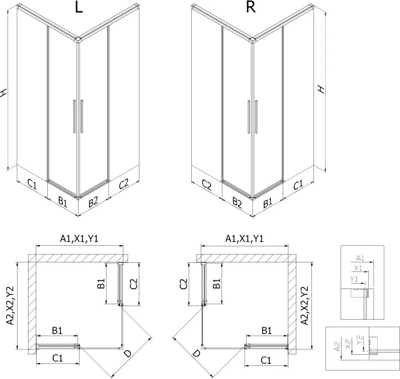 Mexen Rox, Duo posuvný sprchový kout 75 x 75 cm, čiré sklo, černý profil, 8C2D-075-075-70-00
