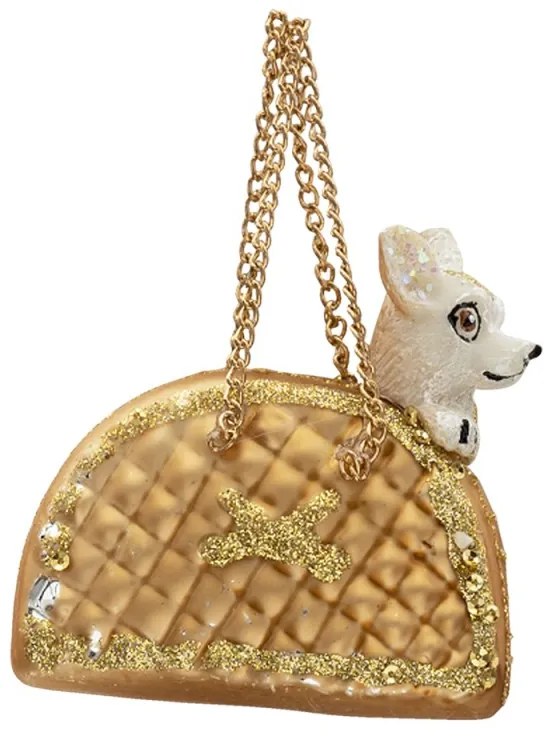 Vánoční ozdoba psík ve zlaté kabelce – 8x4x8 cm