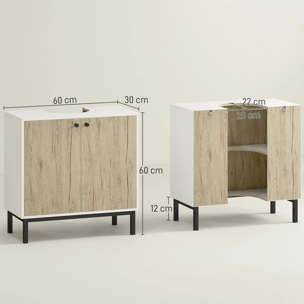 kleankin Skříňka pod umyvadlo pro moderní umyvadla s kovovými nohami a dvojitými dveřmi 60 x 30 x 60 cm - Bílá a dřevěná barva