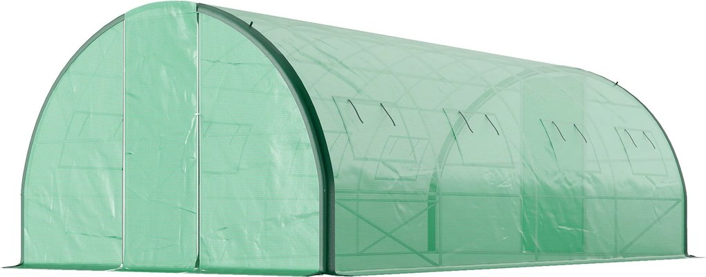 Zahradní tunelová skleník Outsunny, tunelový skleník 18 m², s 8 okny a 2 otočnými dveřmi, PE kryt, konstrukce z pozinkované oceli, 6 x 3 x 2 m, zelený