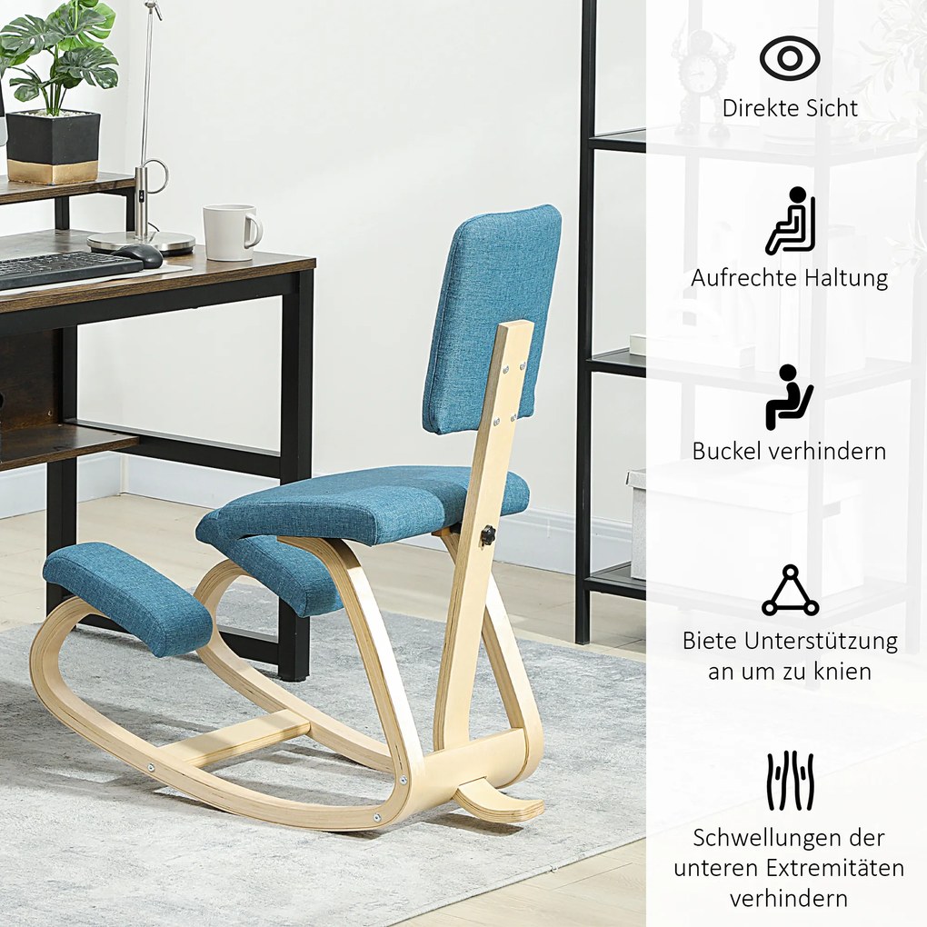 HOMCOM ergonomická klečící židle s opěrkou — březová kancelářská a meditační stolička (tmavě modrá)