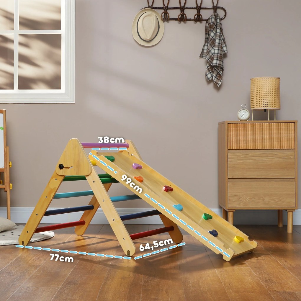 AIYAPLAY Skládací dřevěný lezecký trojúhelník 3v1 pro děti ve věku 18-48 měsíců se skluzavkou nebo rampou 147x64,5 cm Multi-barva