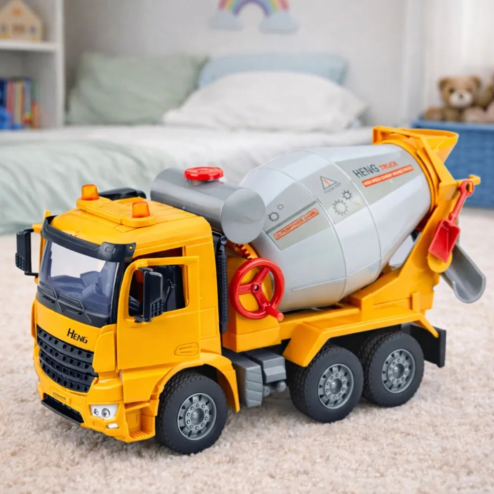 LEAN Toys Stavební nákladní automobil, míchačka betonu, otočný buben, světla, zvuky