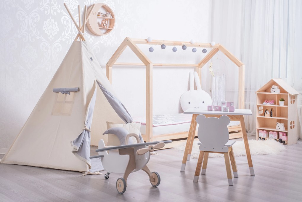 Dětský pokoj clasic varianta: teepee, stůl, 2 židle a přední zábrana, rozměr lůžka: 80 x 160 s matrací