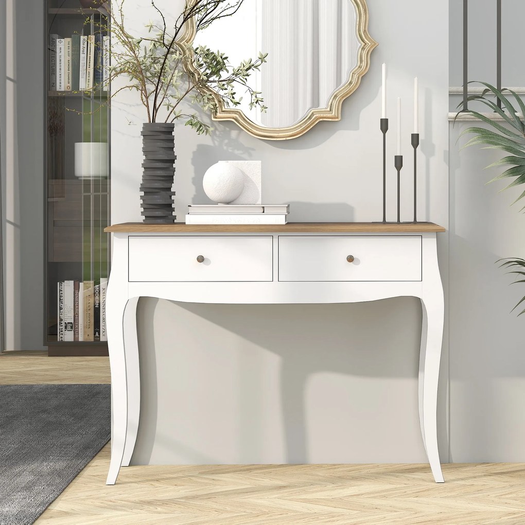 HOMCOM Zrcadlový stolek do předsíně s 2 zásuvkami v francouzském stylu pro chodbu, ložnici a obývací pokoj 100x35x76,5 cm Bílá a tmavě hnědá