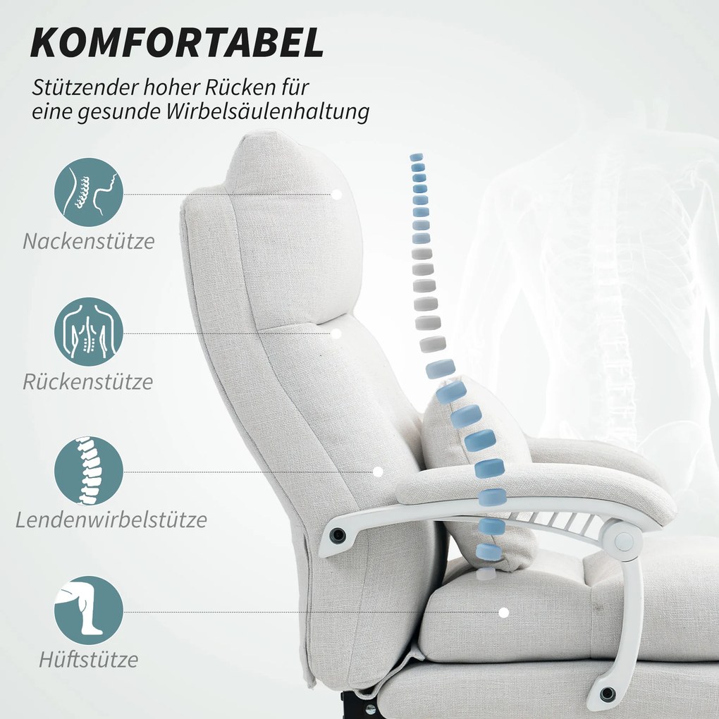 HOMCOM Ergonomická kancelářská židle s bederní oporou, vysokým opěrákem, podnožkou, výškově nastavitelná otočná židle s vzhledem lnu, polstrovaná poč…