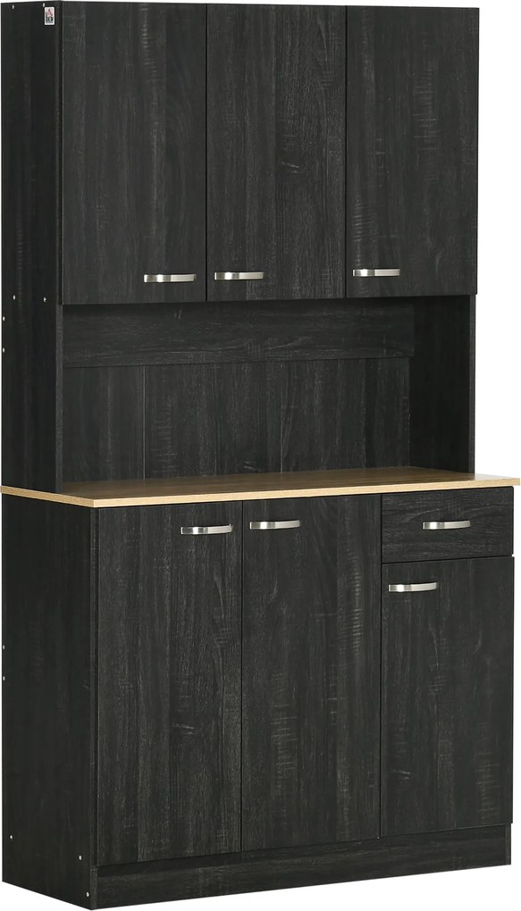 HOMCOM Moderní kuchyňská komoda s bufetem, 6 dveří, 1 zásuvka + Velký pracovní stůl 101L x 39W x 180H cm, černé dřevo | Aosom